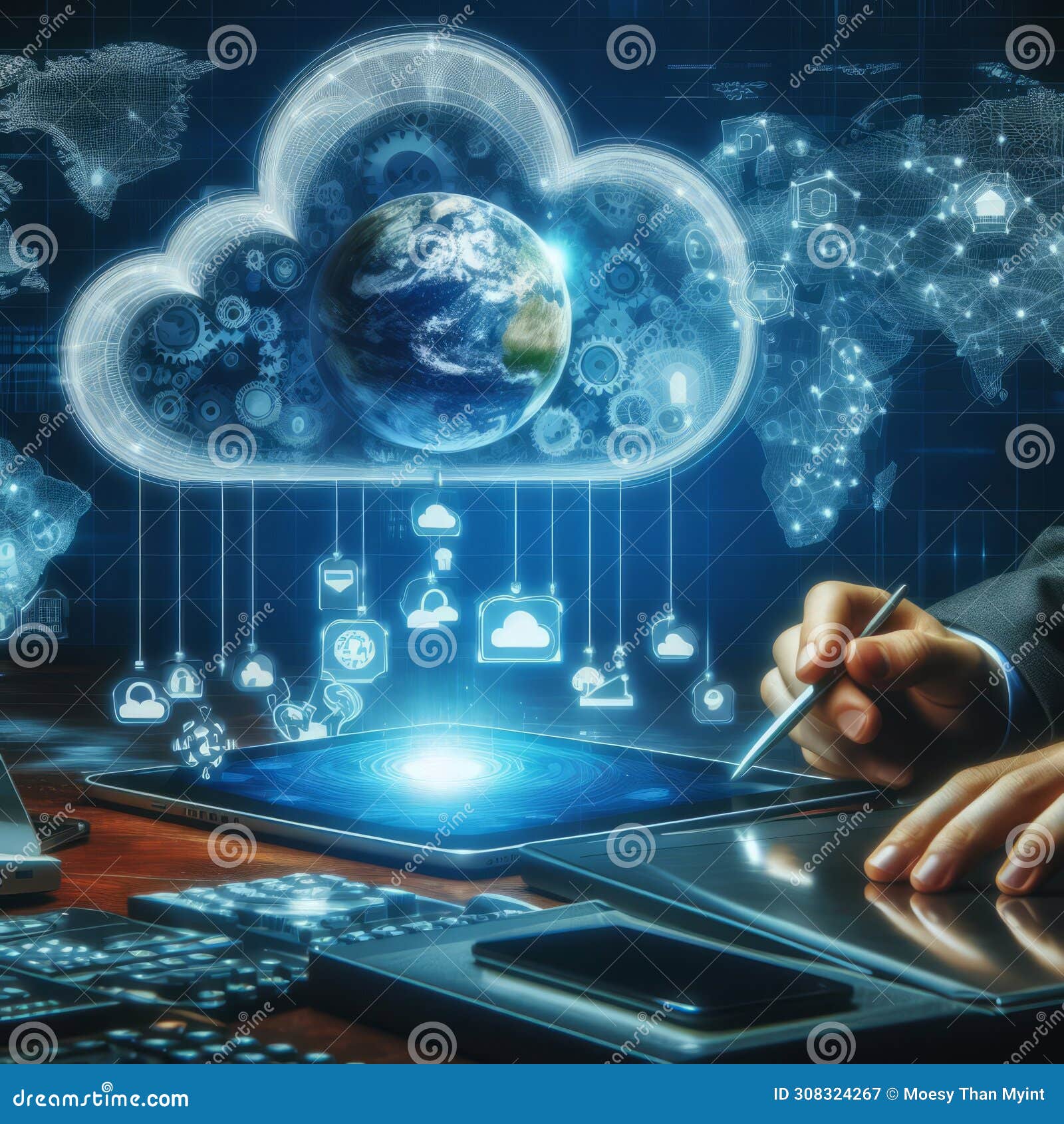 Cloud Computing Technology Concept. 3d Rendering Toned Image Double Exposure Stock Illustration ...