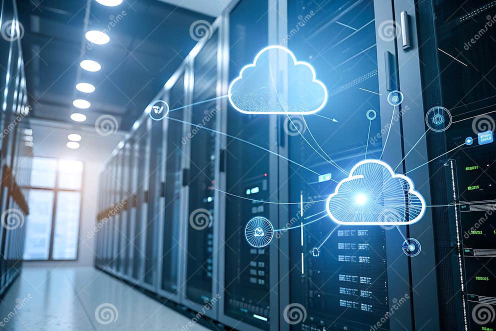 Cloud Computing and Networking Concept on Server Room Background Stock Illustration ...