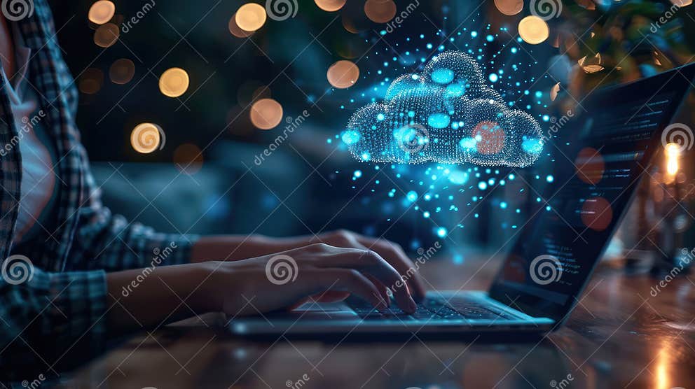 Cloud Computing: Person Using Laptop with Binary Code Graphic Stock ...