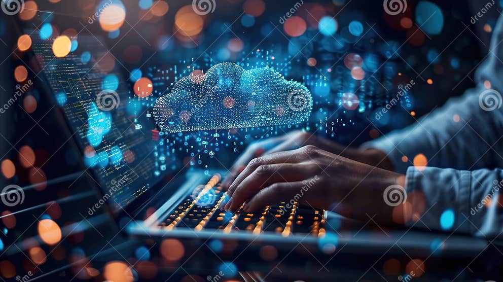 Cloud Computing: Person Using Laptop with Binary Code Graphic Stock ...