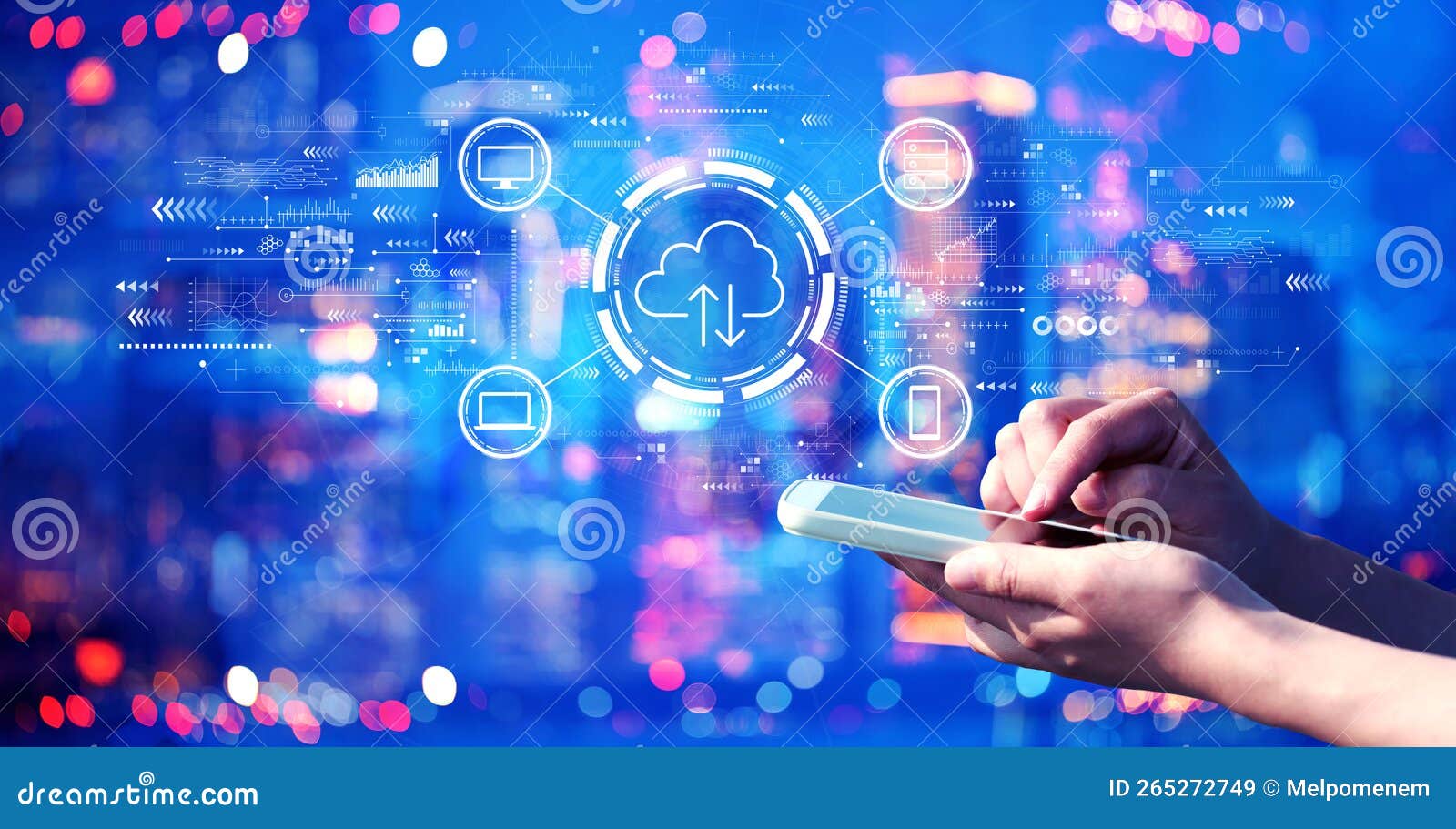 Cloud Computing with Person Using a Smartphone at Night Stock Image ...