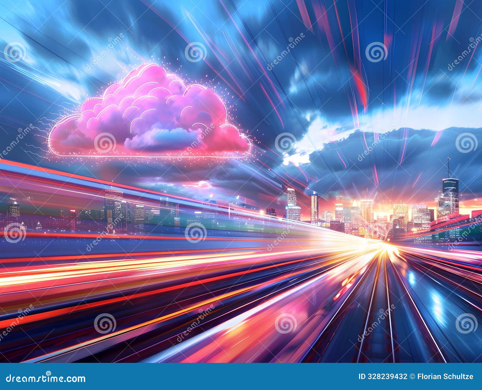 Cloud Computing with a Speeding Train on a City Background Stock Illustration - Illustration of ...
