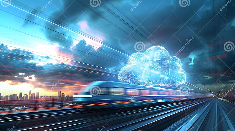 Cloud Computing with a Speeding Train on a City Background Stock Illustration - Illustration of ...