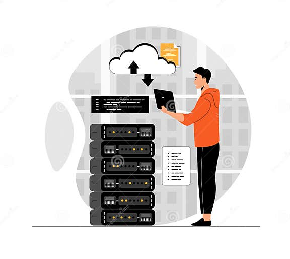 Cloud Computing, Storage Concept. Man Developer Working at Laptop, Coding and Programming Using ...