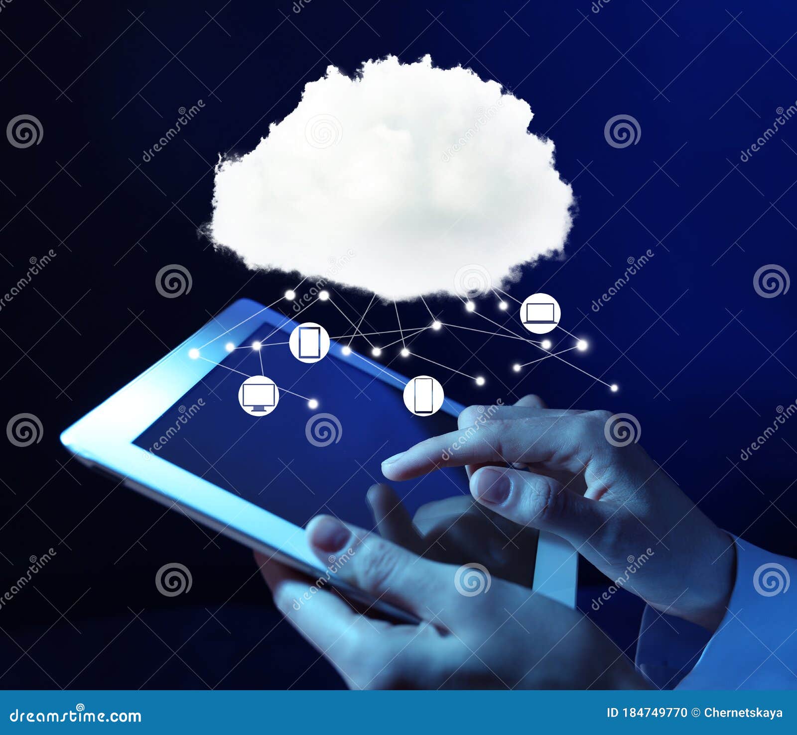 Cloud Computing and Storage. Woman Using Tablet on Dark Background ...