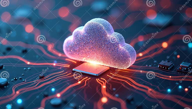Cloud Computing Tech Concept with Circuit Board. Data Flows To the ...