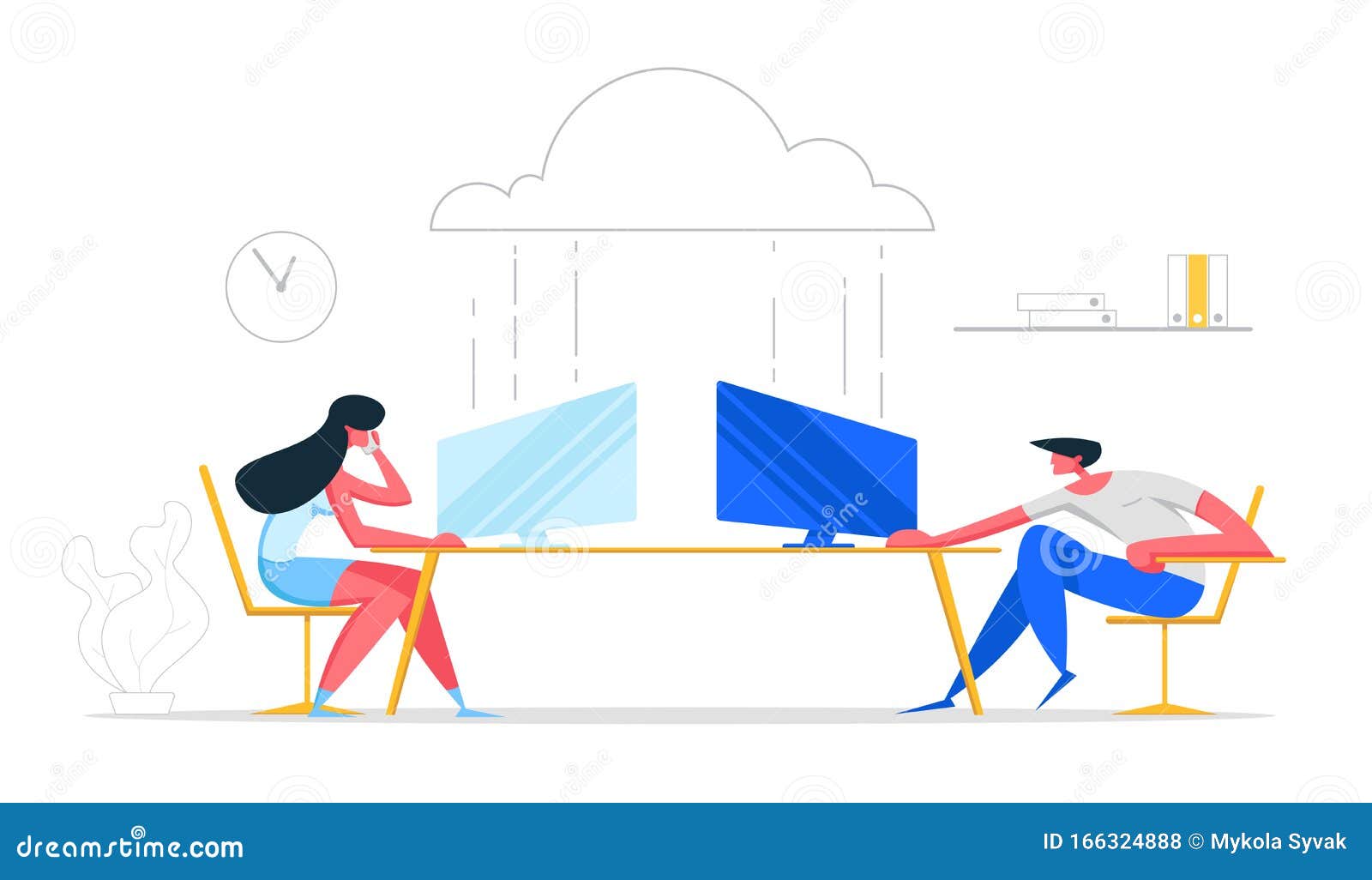 Cloud Computing Technologies Concept. Man and Woman Characters Working with Computers Using ...