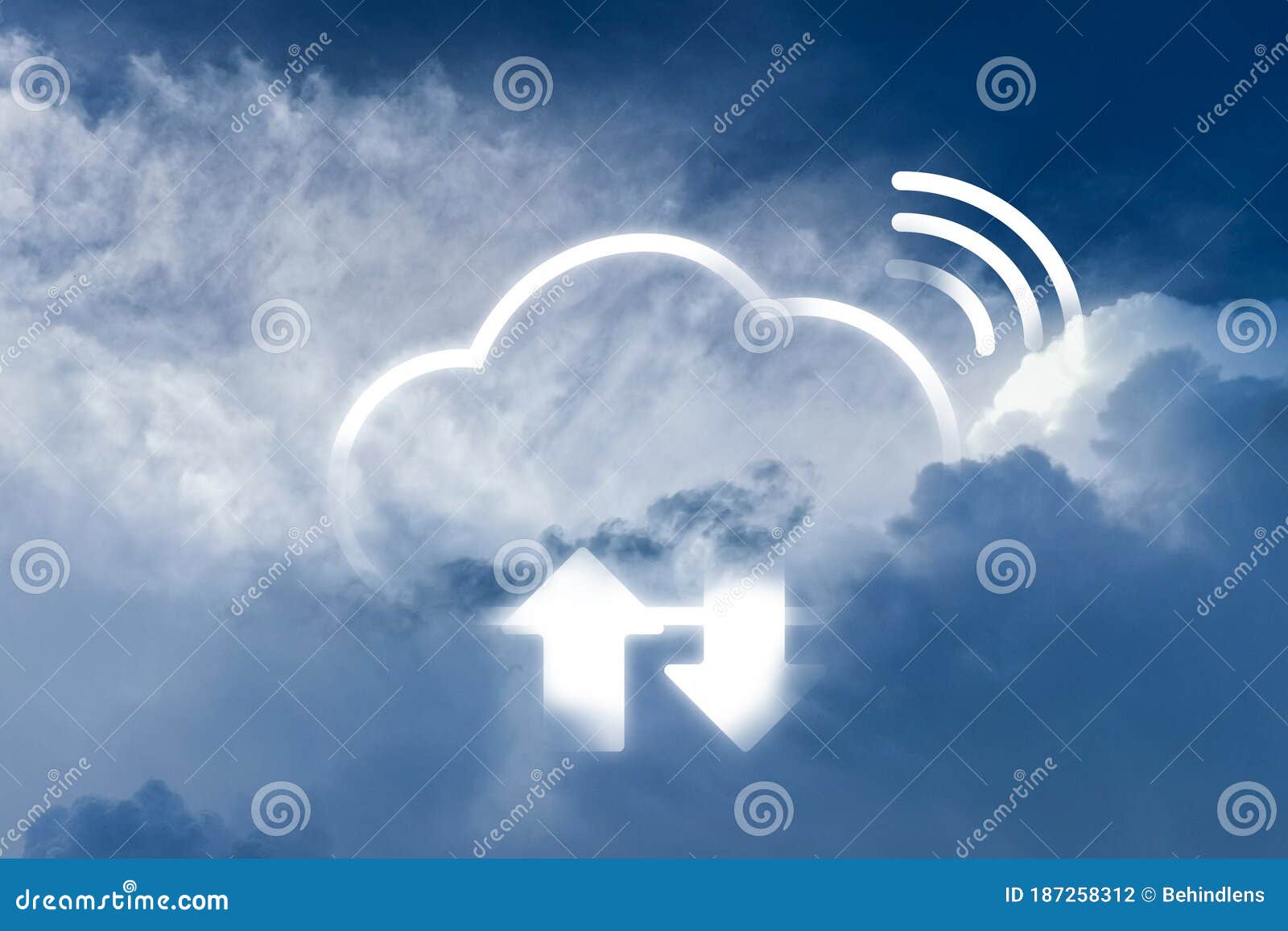 Cloud Computing Technology Combine with White Cloud on the Sky. Wifi ...