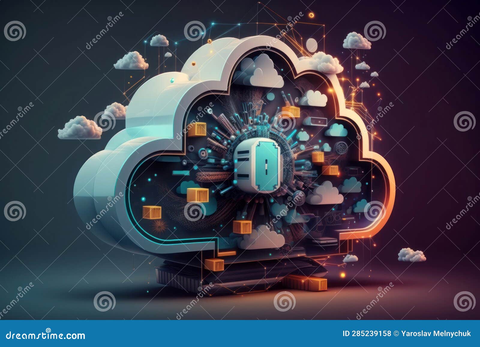 Cloud Computing Technology Concept. Dark Blue Color. Futuristic ...