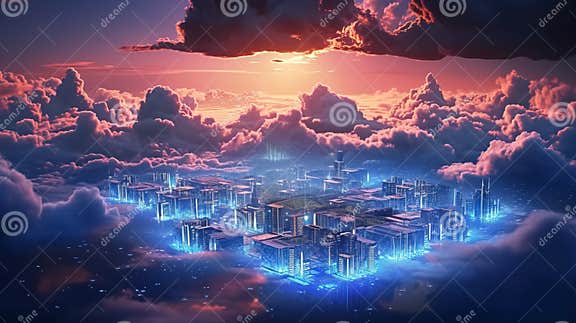 Cloud Computing Technology Concept, Futuristic Landscape Illustration ...