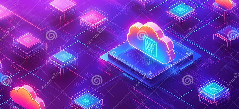 Cloud Computing Technology with Vibrant Neon Colors, Digital Data ...