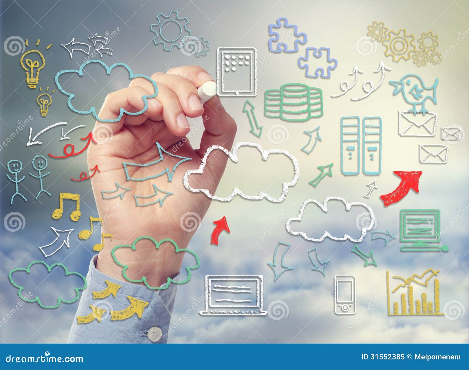 Cloud Computing Theme with Icons Hand Drawn with Chalk Stock ...
