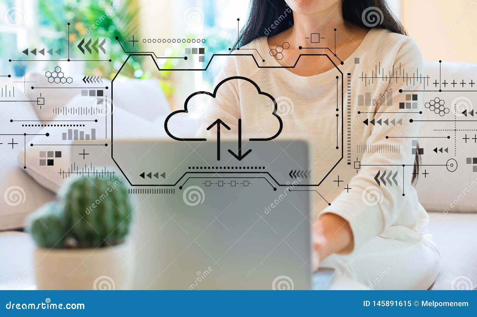 Cloud Computing with Woman Using Her Laptop Stock Illustration ...