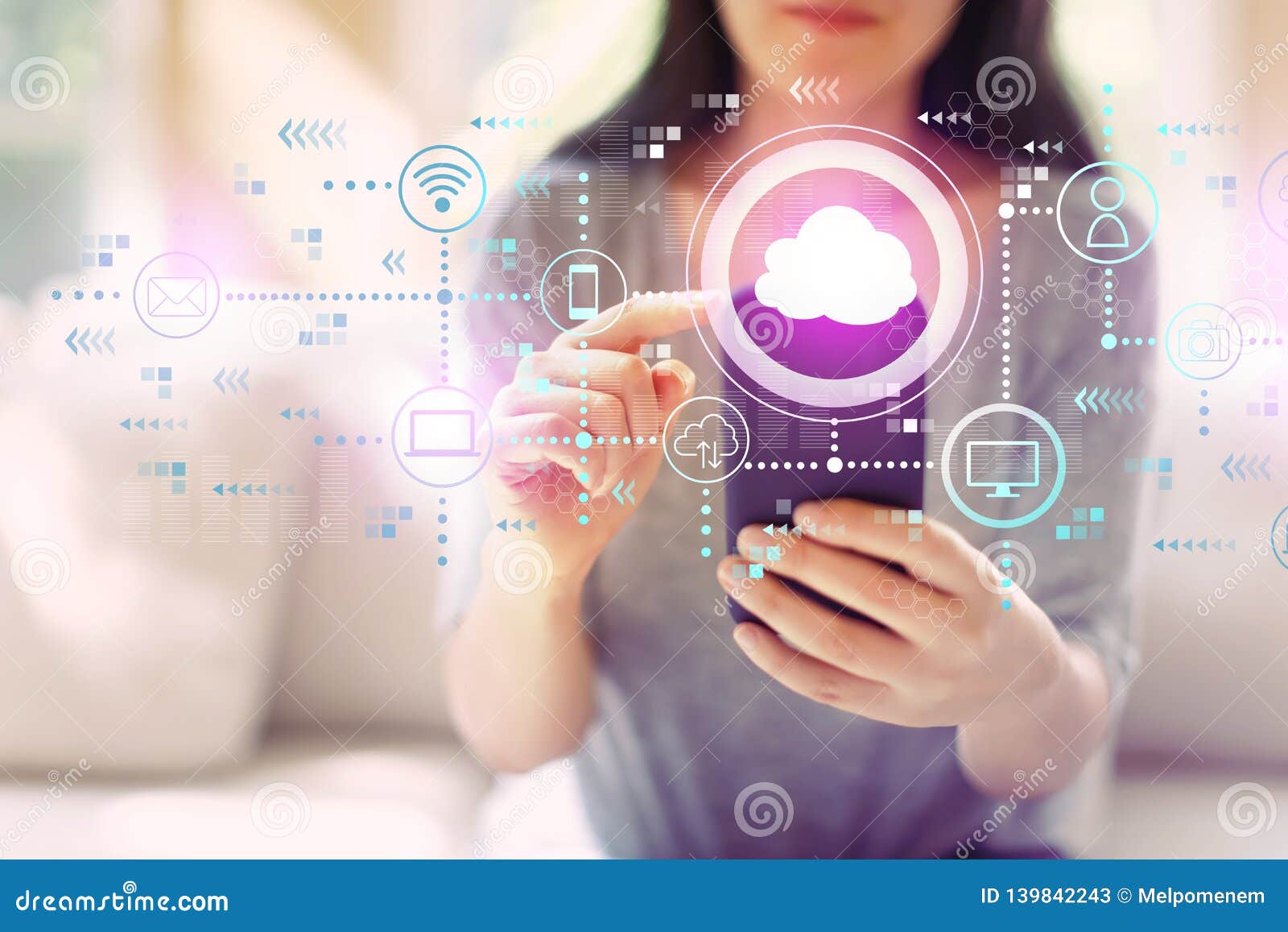 Cloud Computing with Woman Using a Smartphone Stock Image - Image of ...