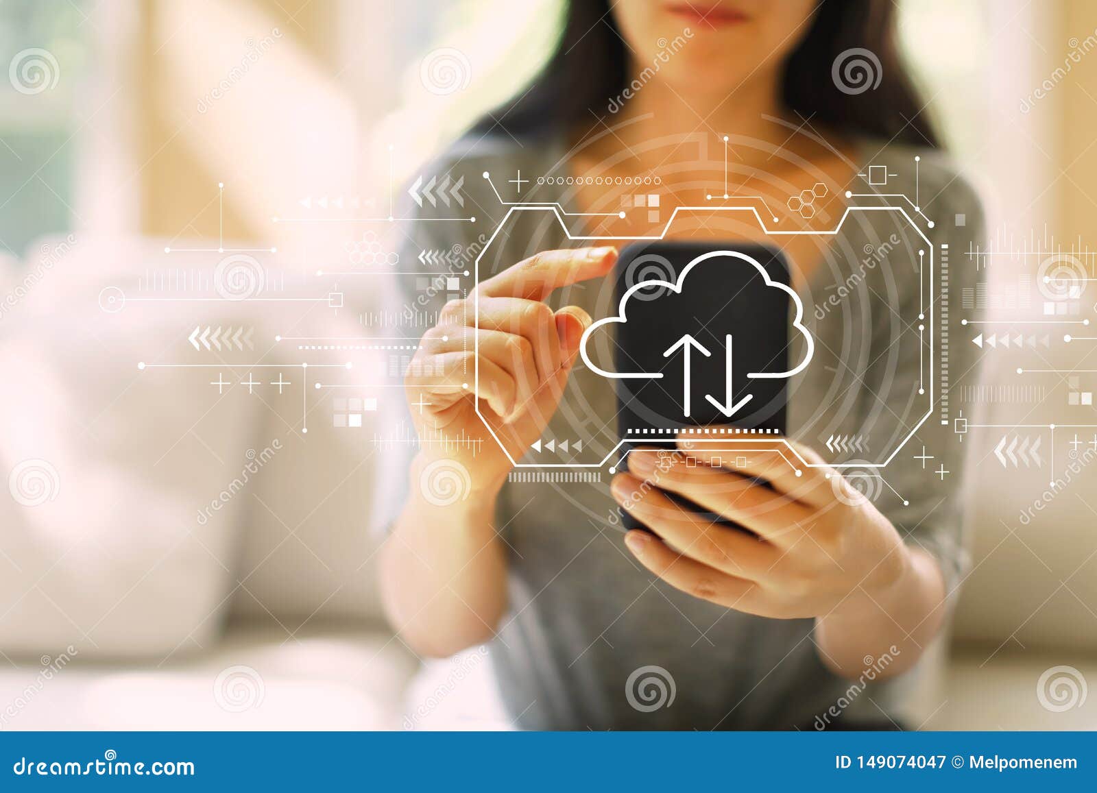 Cloud Computing with Woman Using a Smartphone Stock Image - Image of ...