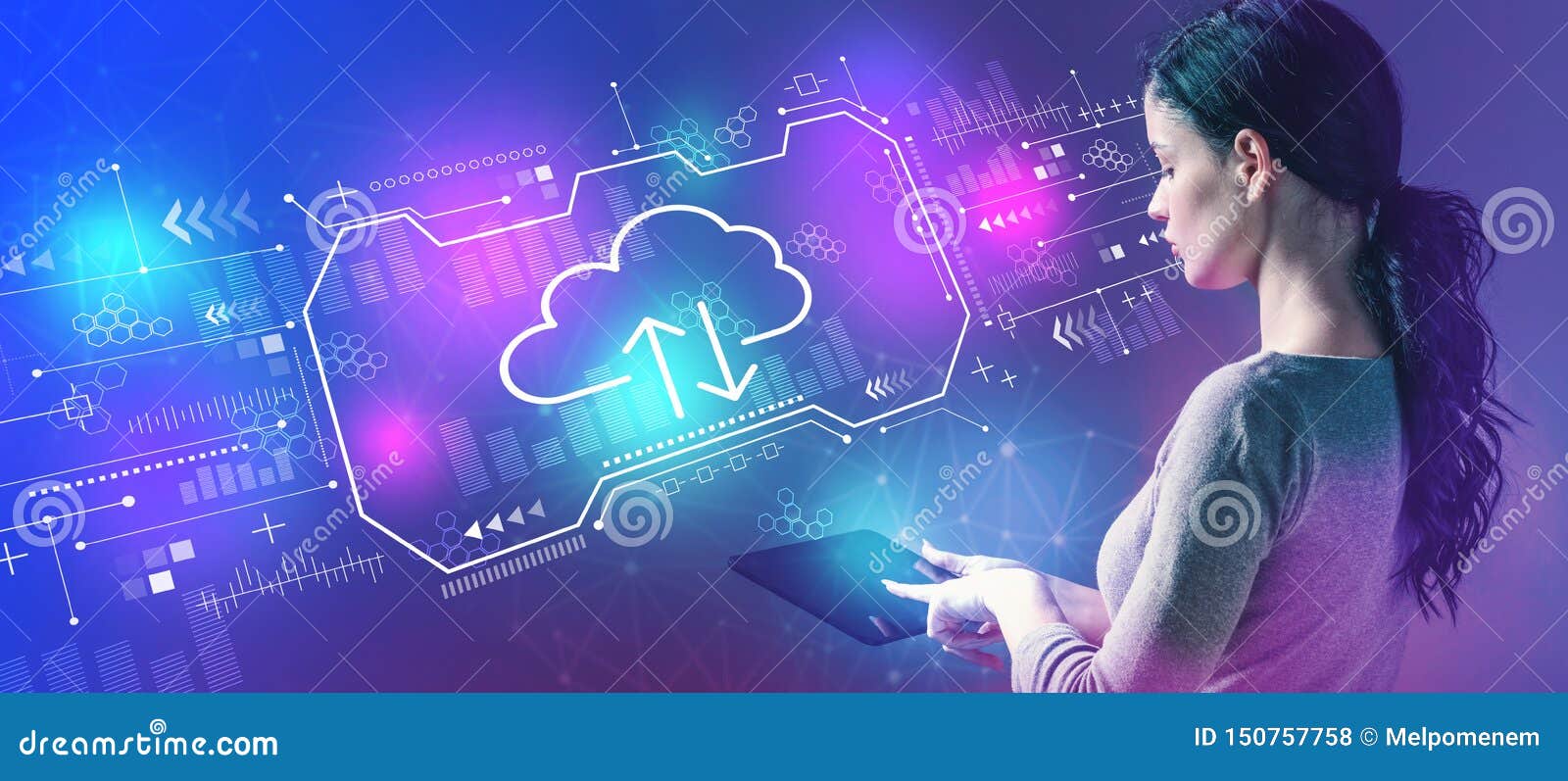 Cloud Computing with Woman Using a Tablet Stock Photo - Image of icons ...