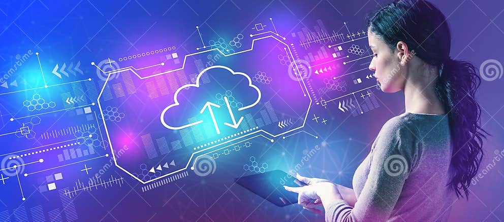 Cloud Computing with Woman Using a Tablet Stock Photo - Image of icons ...