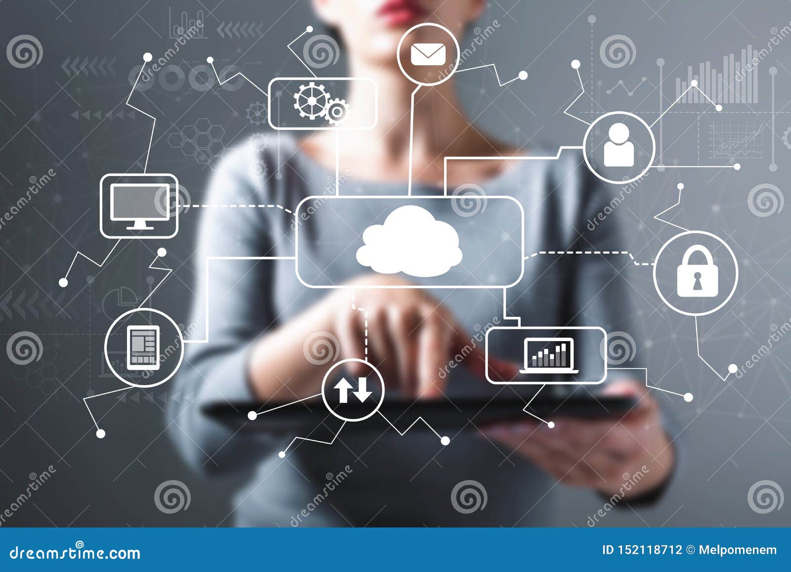 Cloud Computing with Woman Using a Tablet Stock Illustration ...