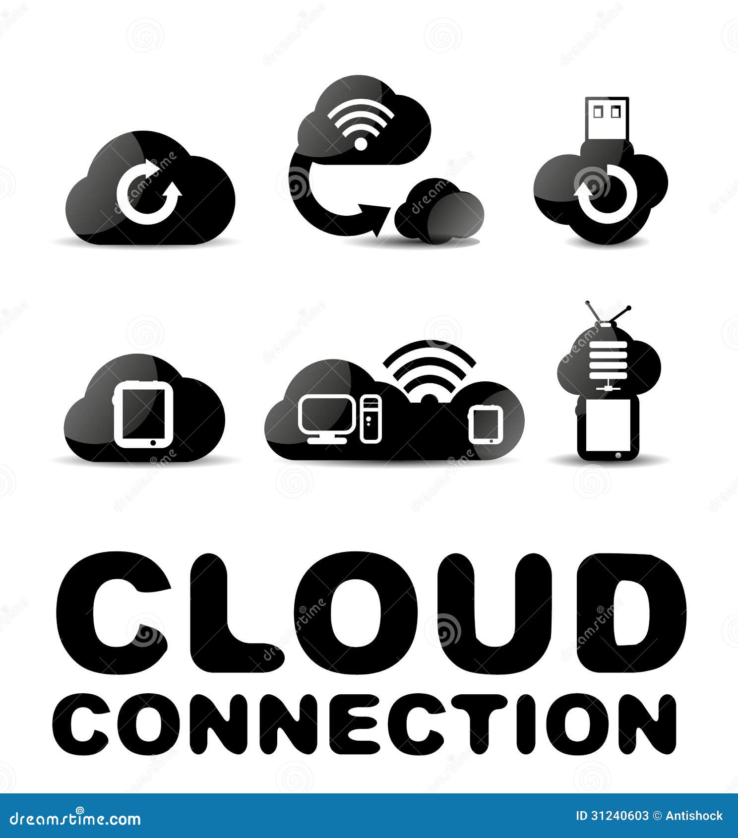Cloud Connection Glossy Black Icon Set Stock Vector - Illustration of ...