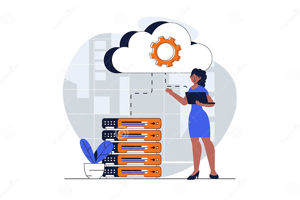 Cloud Data Center Web Concept with Character Scene. Woman Working with ...
