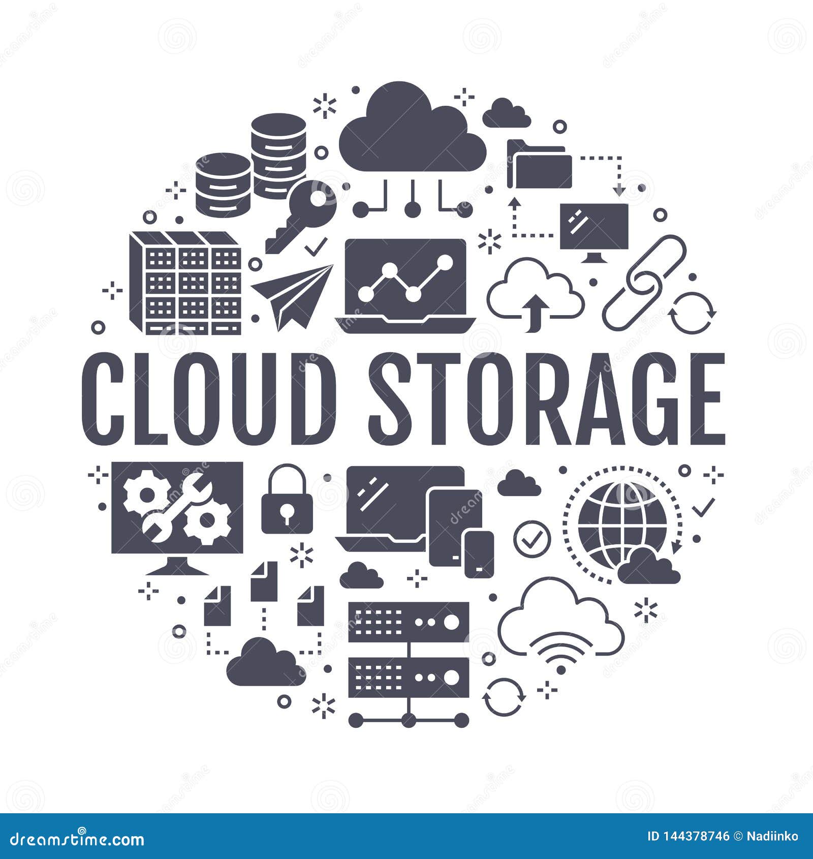 Cloud Data Storage Circle Poster with Flat Glyph Icons. Database ...