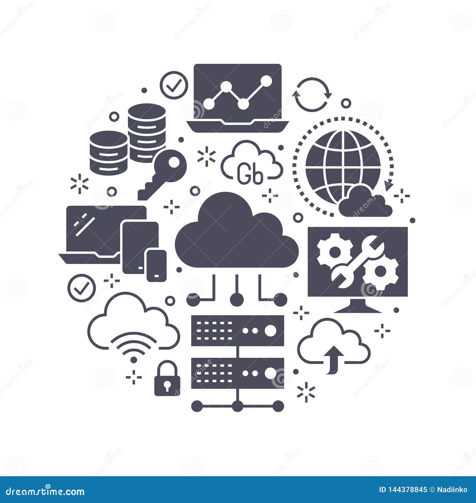 Cloud Data Storage Circle Poster with Flat Glyph Icons. Database ...