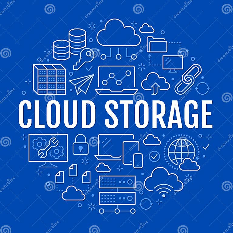 Cloud Data Storage Circle Poster with Line Icons. Database Background ...