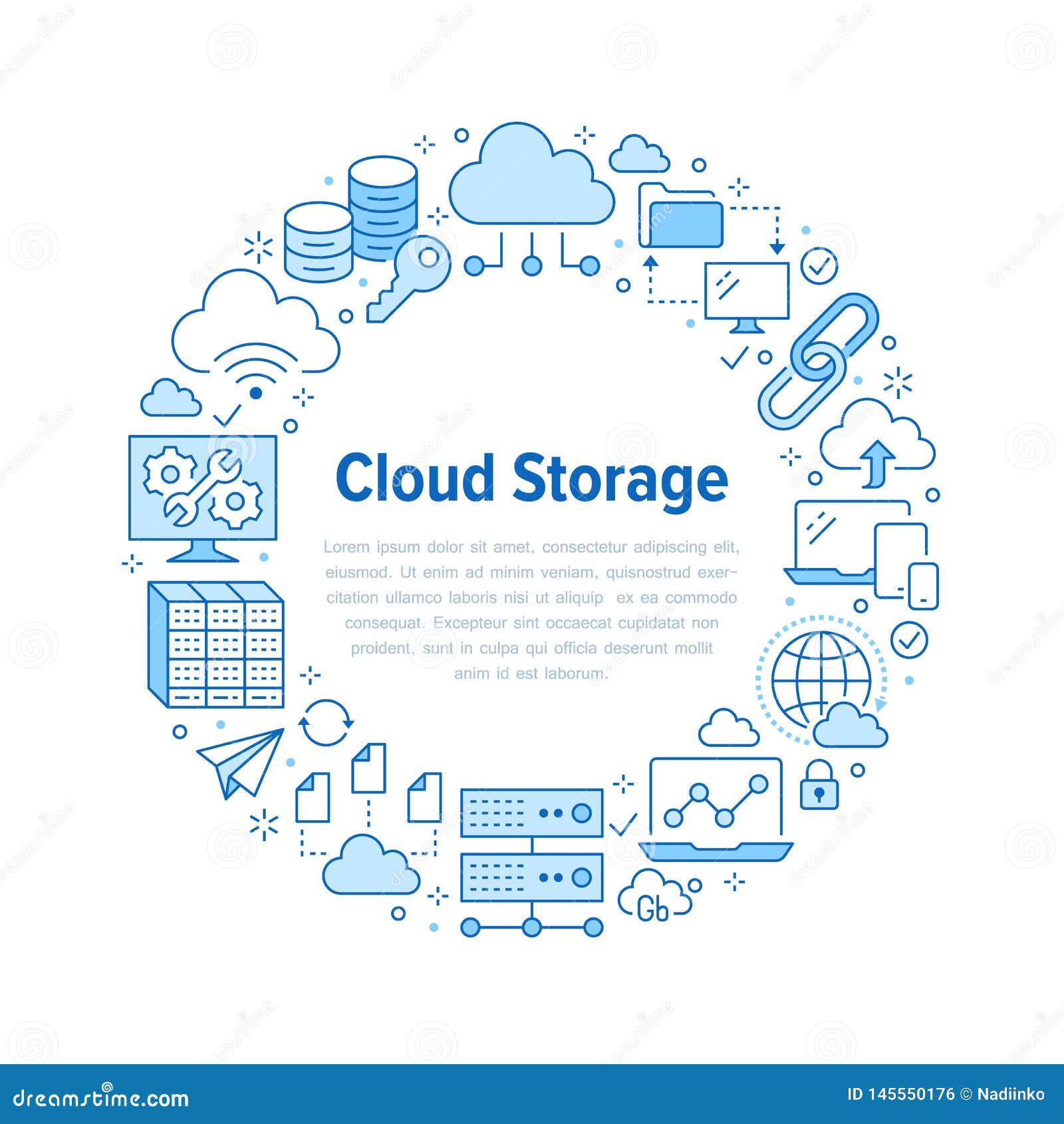 Cloud Data Storage Circle Poster with Line Icons. Database Background ...