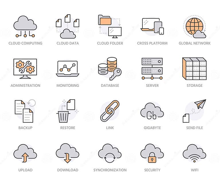 Cloud Data Storage Line Icons Set. Database, Information Storage ...