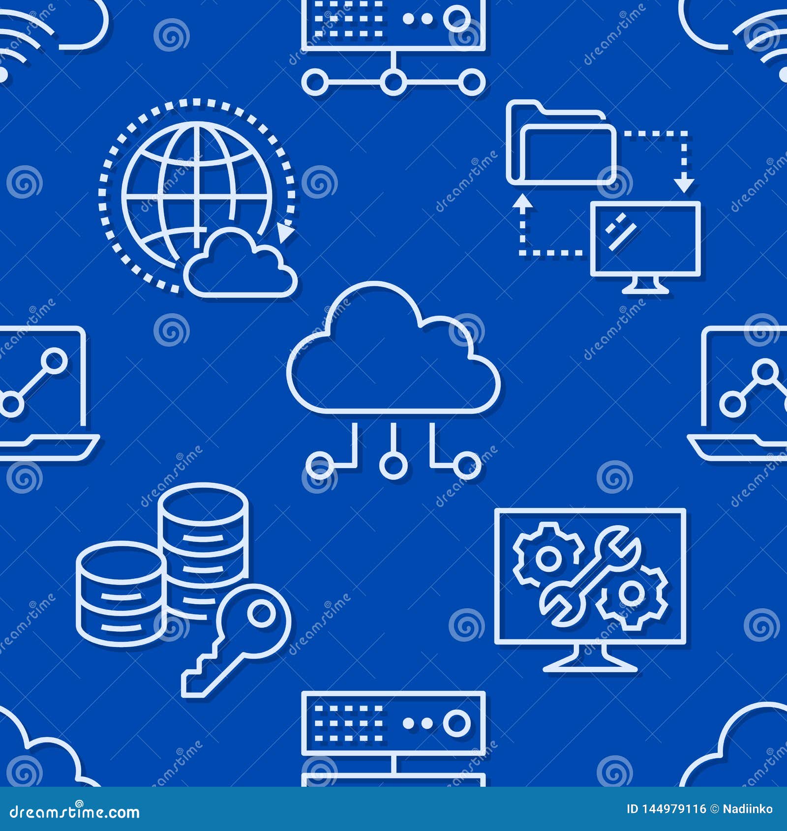 Cloud Data Storage Seamless Pattern with Line Icons. Database ...