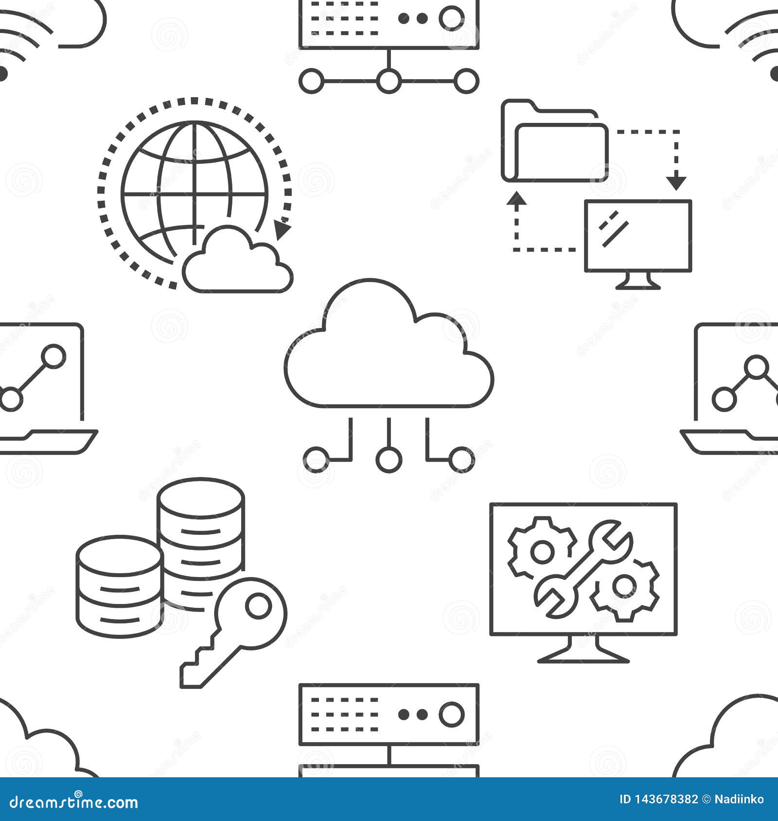 Cloud Data Storage Seamless Pattern with Line Icons. Database Background, Information Storage ...
