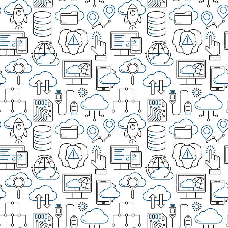 Cloud Data Storage Seamless Pattern with Line Style Icons. Database Background, Information ...