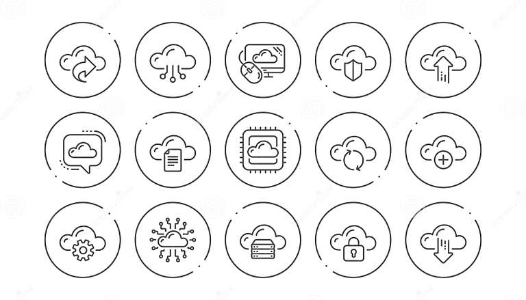 Cloud Data and Technology Icons. Hosting, Computing Data and File Storage. Linear Icon Set ...