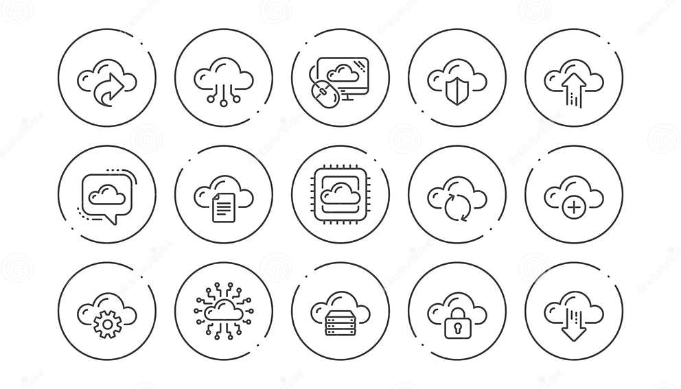 Cloud Data and Technology Icons. Hosting, Computing Data and File Storage. Linear Icon Set ...