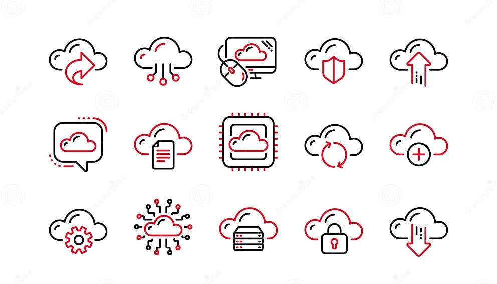 Cloud Data and Technology Icons. Hosting, Computing Data and File Storage. Linear Icon Set ...