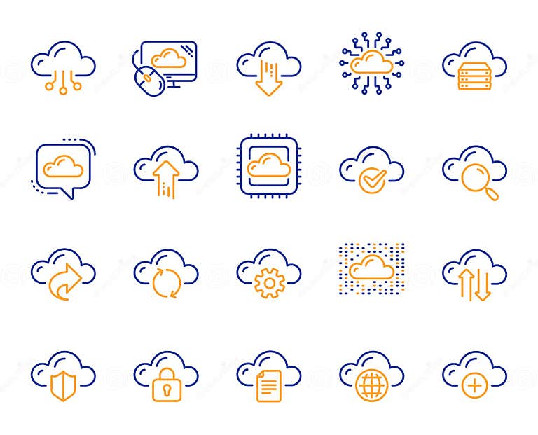 Cloud Data And Technology Line Icons Set Of Hosting Computing Data And File Storage Vector