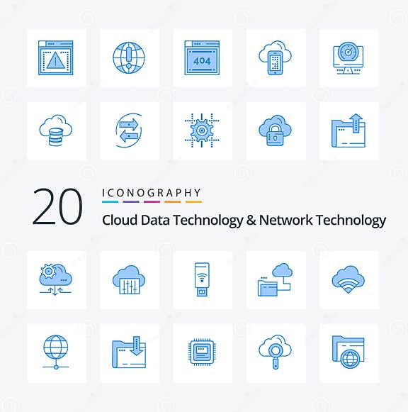 20 Cloud Data Technology and Network Technology Blue Color Icon Pack Like Connection File Usb ...