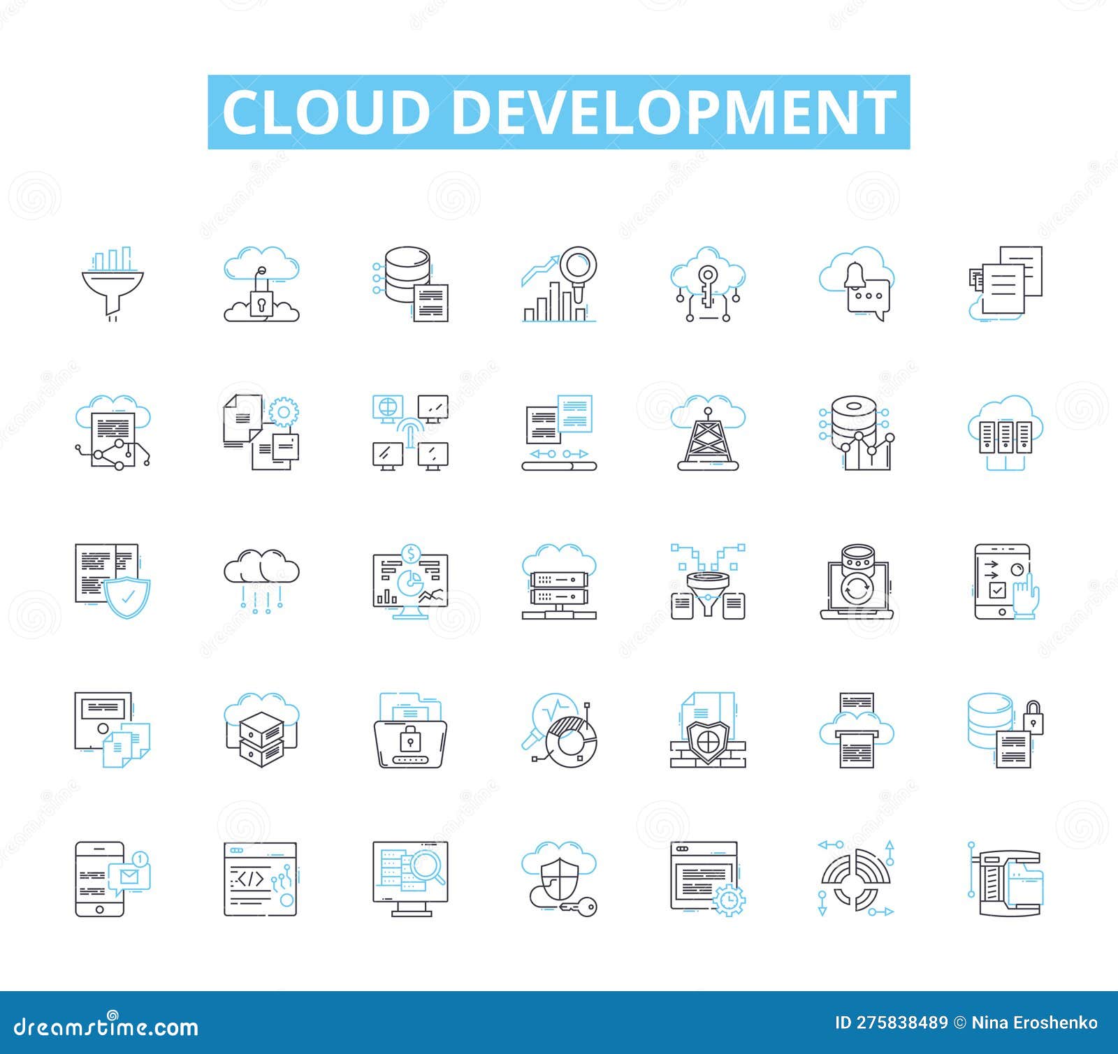 Cloud Development Linear Icons Set. Scalability, Virtualization, Automation, Containerization ...