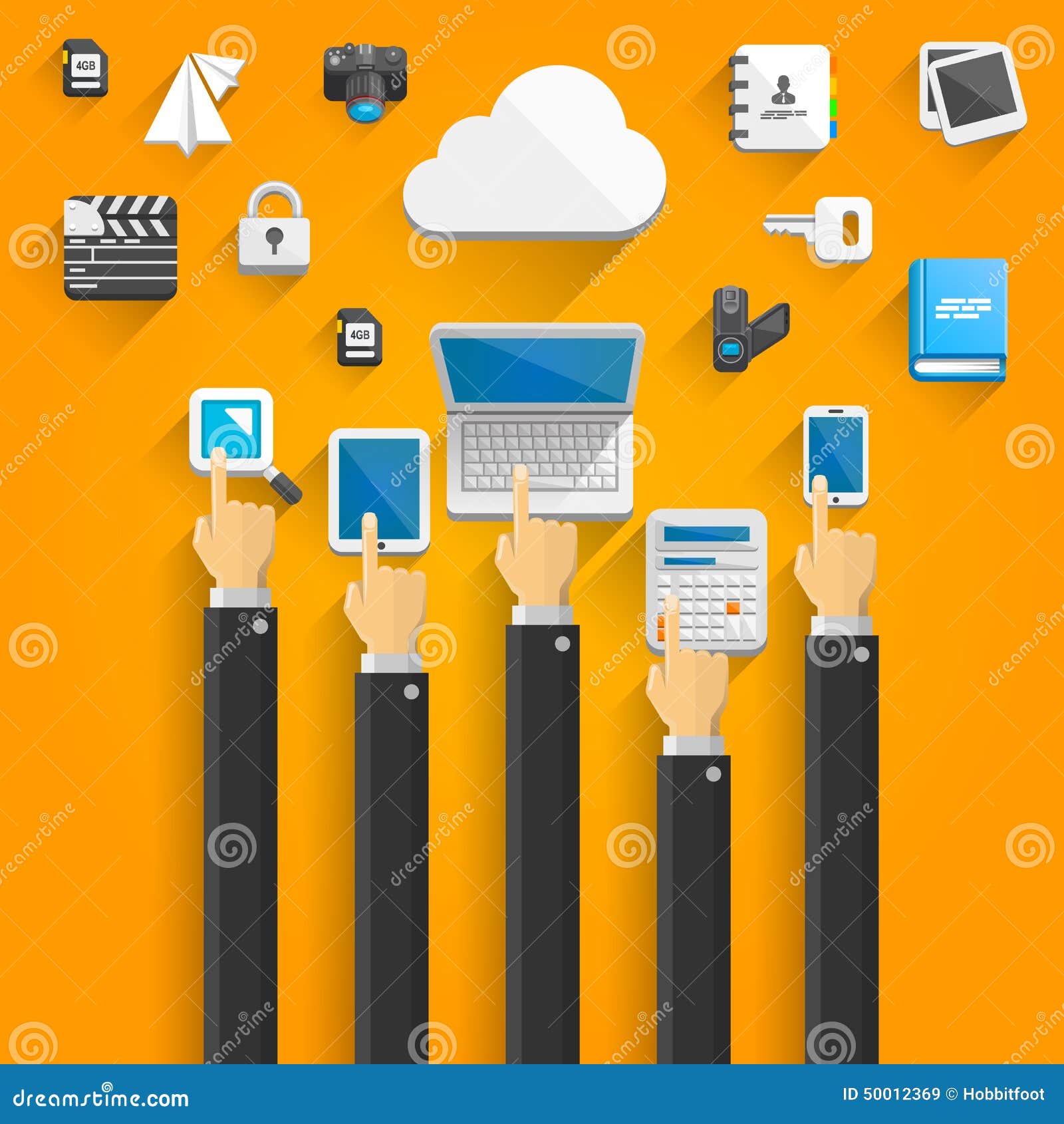 Cloud Devices Flat Icons with Hands Stock Vector - Illustration of ...
