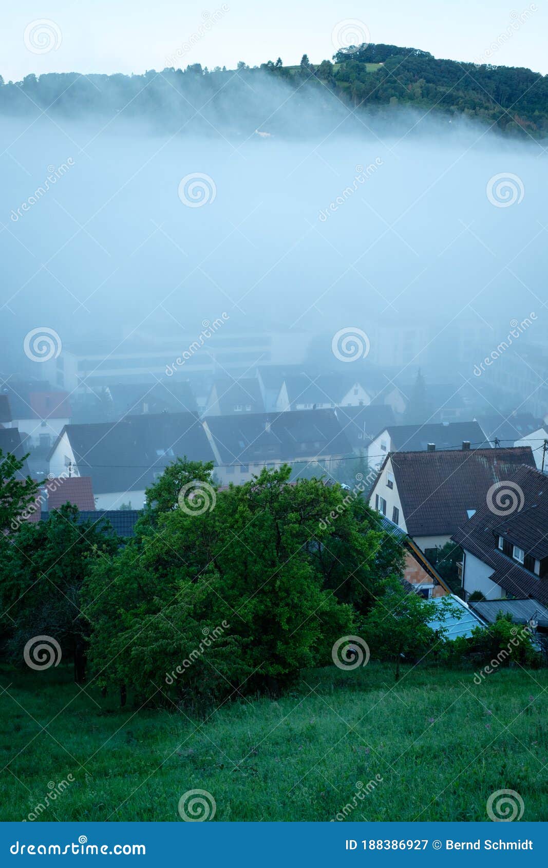 Cloud Fog Mist in a Valley with Houses Stock Image - Image of dawn ...