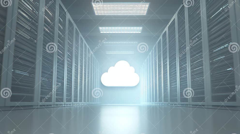 A Cloud Graphic in a Data Center with Server Racks, Indicating Hybrid ...