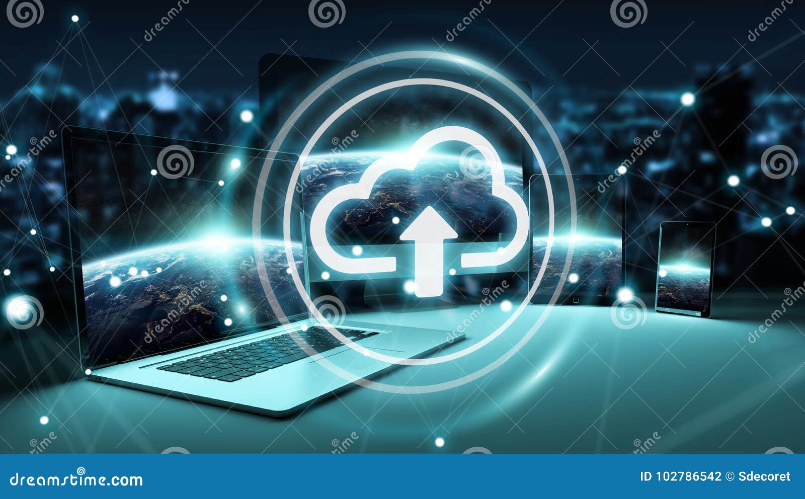 Cloud Icon Interface Over Modern Tech Devices 3D Rendering Stock ...