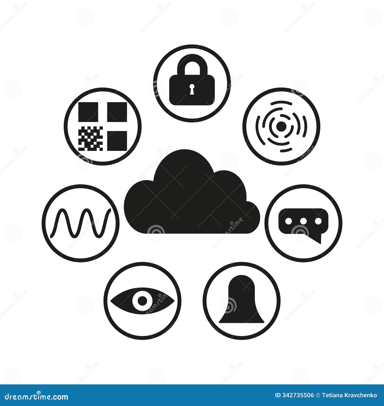 Cloud Icon with Symbols. Lock and Chat Signs. Seven Tech Elements ...