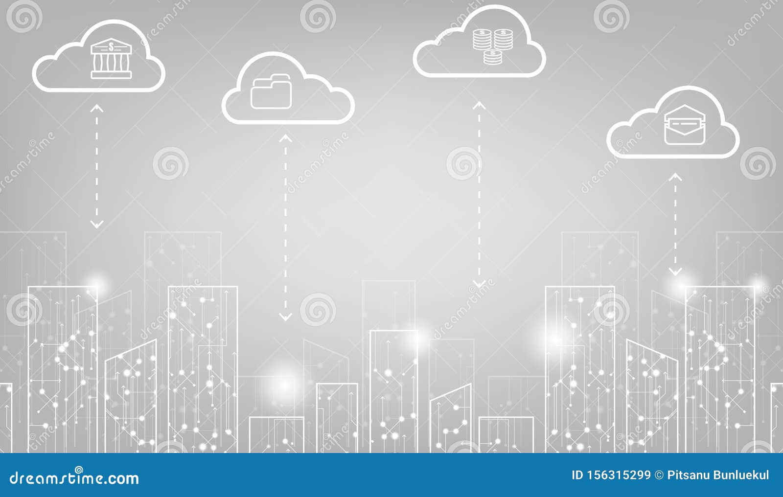 Cloud Icons with Buildings on Electrical Circuits and Small Arrows with ...