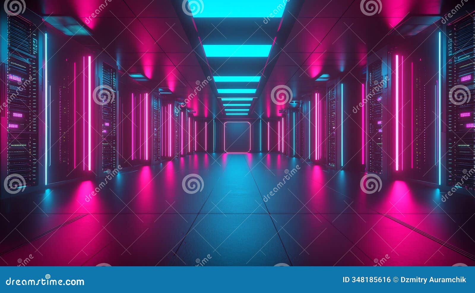 Cloud Internet and Internet Server Corridor with Blue and Purple LED ...