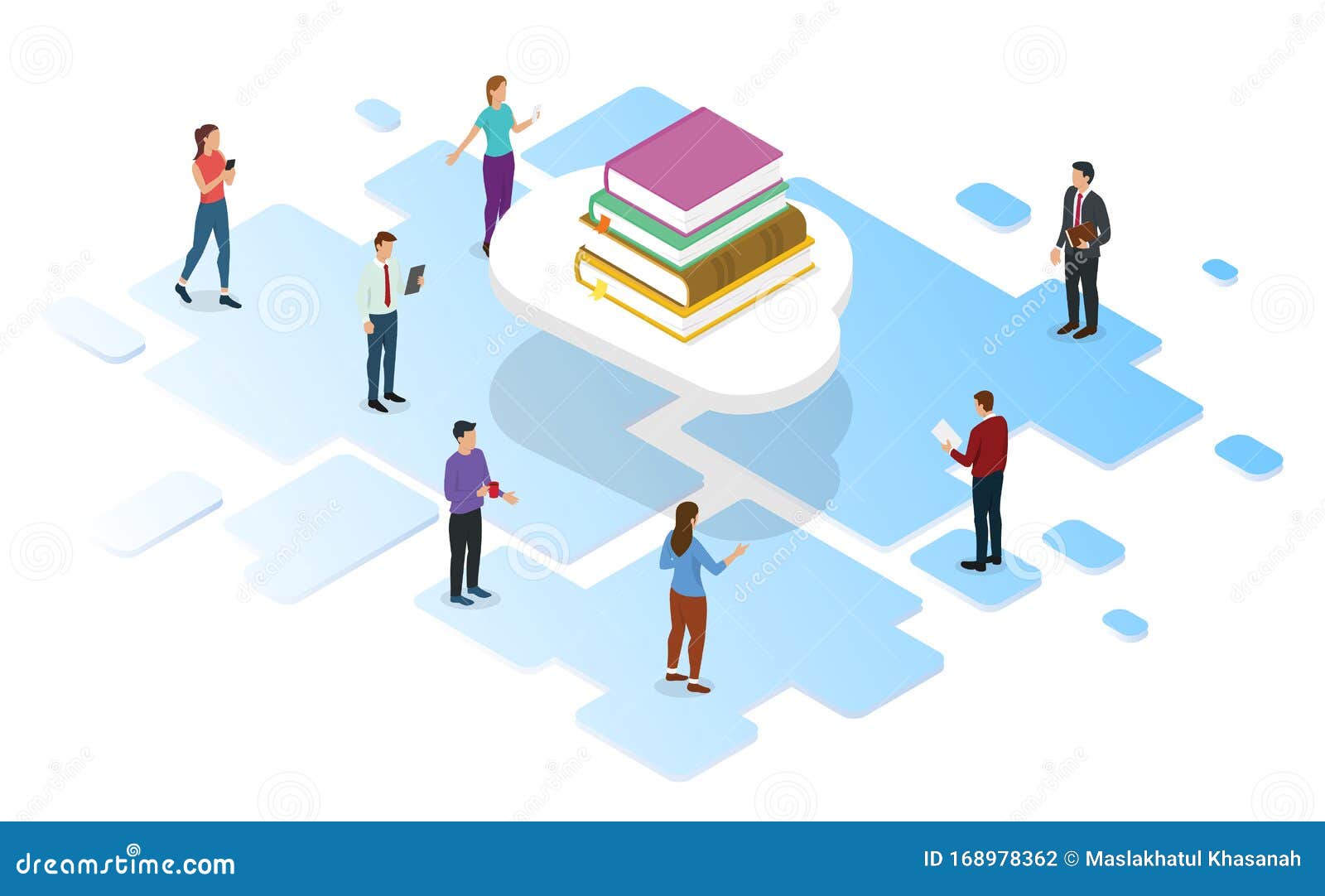 Cloud Library Digital with Books Stack and People Read Book with ...