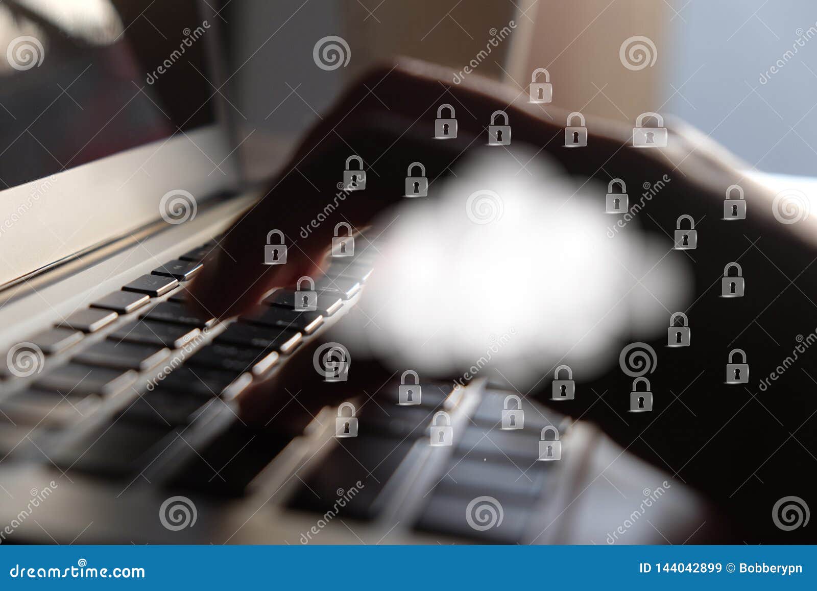 Cloud and Lock Icon on Hand and Keyboard Background.Cloud Computing and ...