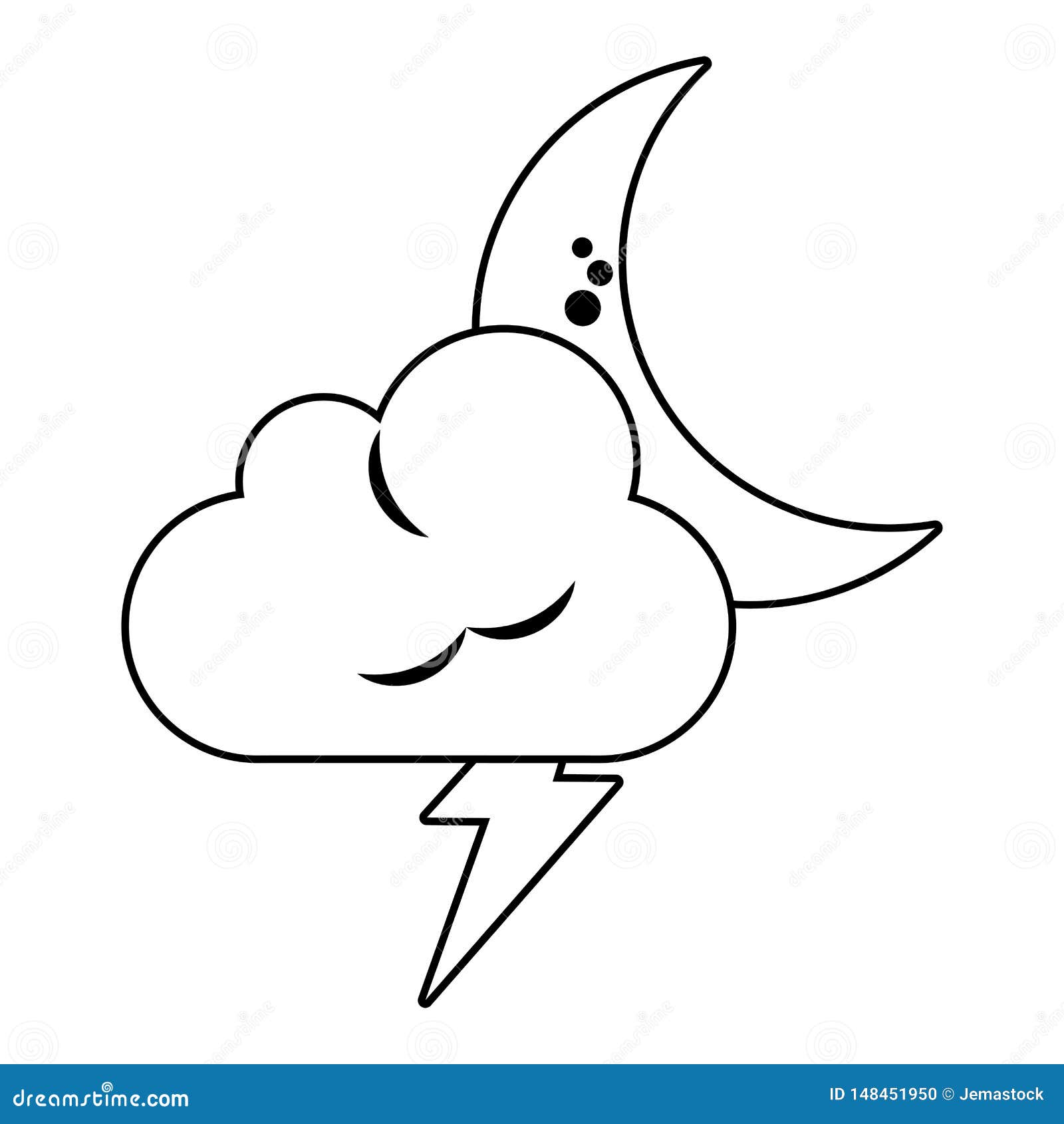 Cloud with Moon and Ray in Black and White Stock Vector - Illustration ...