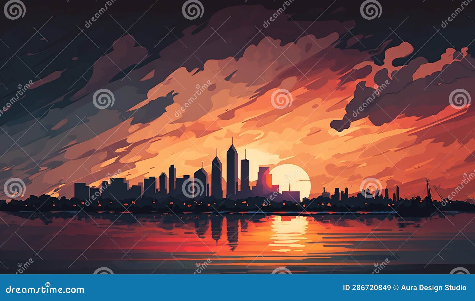 Cloud Nine an Illustration of a Summer Skyline Sunset. Stock Image ...
