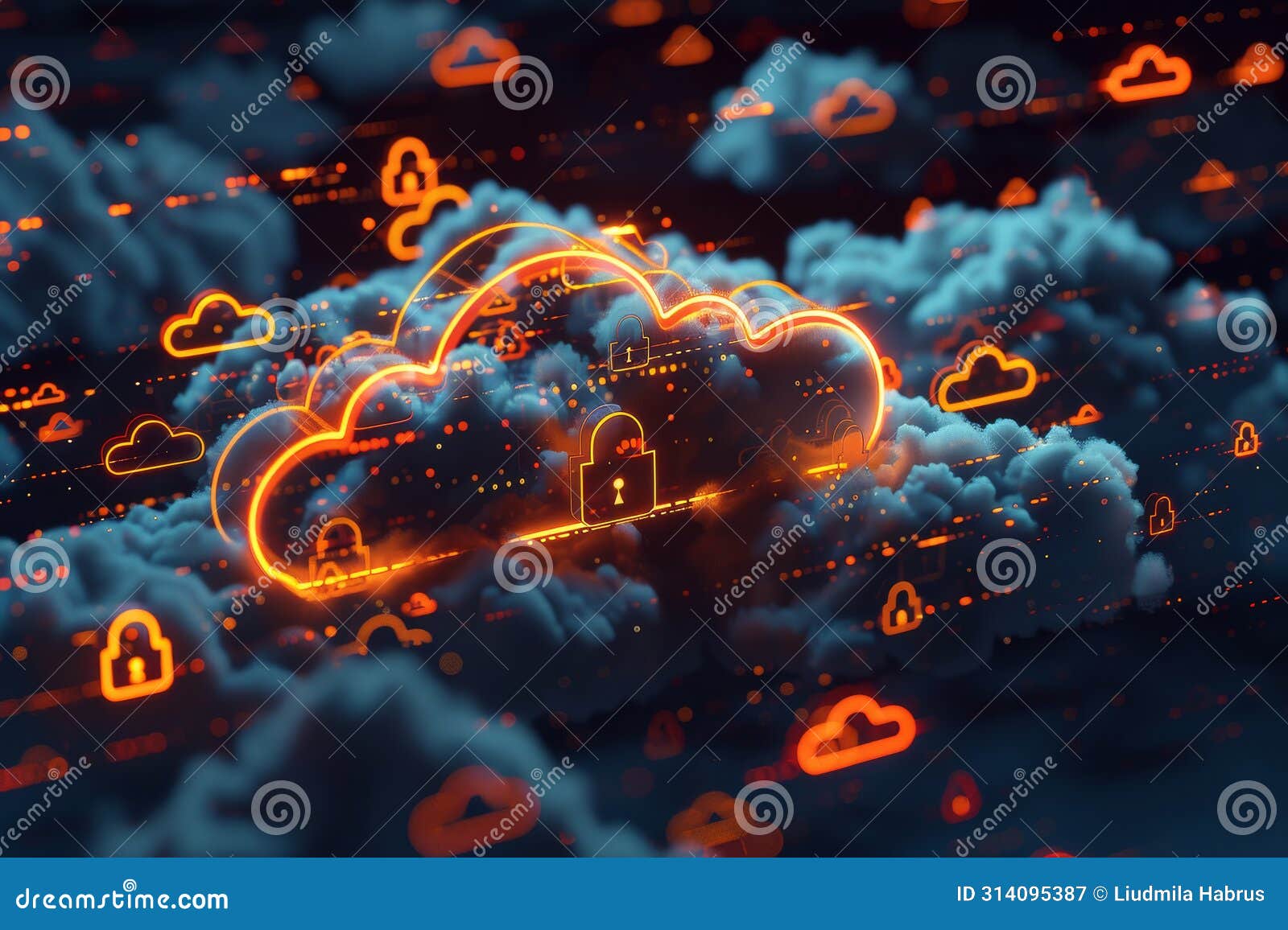 A Cloud of Orange and Blue with a Lock on it Stock Image - Image of icon, electronic: 314095387